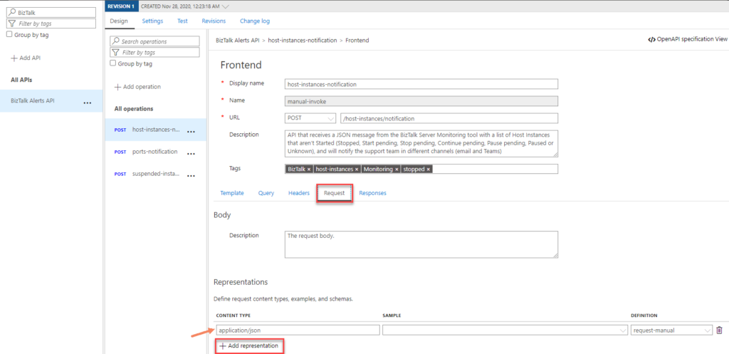 Azure API operation documentation: Requests and Responses